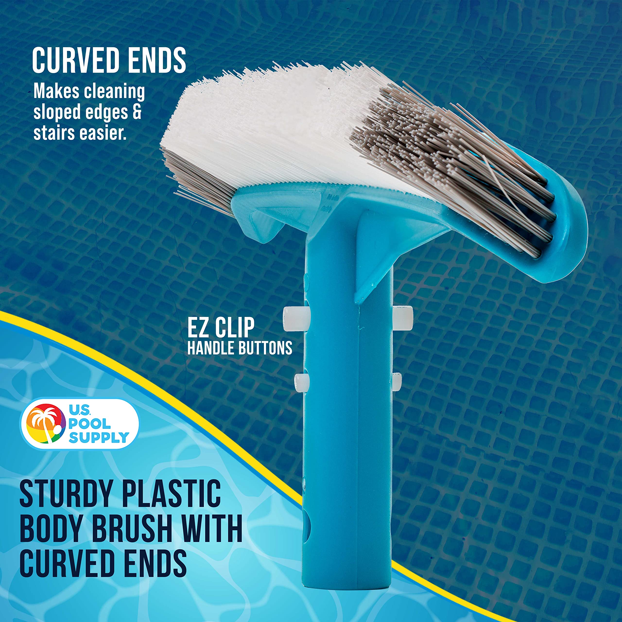U.S. Pool Supply Professional 16" Floor & Wall Pool Brush with Nylon Bristles, Curved Ends, EZ Clip Handle - Cleaning Removing Sweeping Leaves & Debris from Walls, Floors, Steps - Pool Maintenance