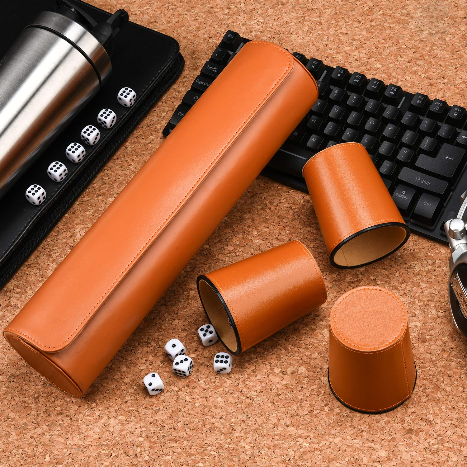 Party Games Leather Dice Cup Set, 5 Leather Dice Cups + 25 Dice + Exclusive Storage and Transport Case Made of Faux Leather with Magnetic Closure