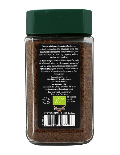 Mount Hagen 3.53oz Organic Freeze Dried Instant Decaf Coffee | Eco-friendly, Fair-Trade Decaffeinated Coffee Made From Organic Medium Roast Arabica Beans [3.53oz Jar]