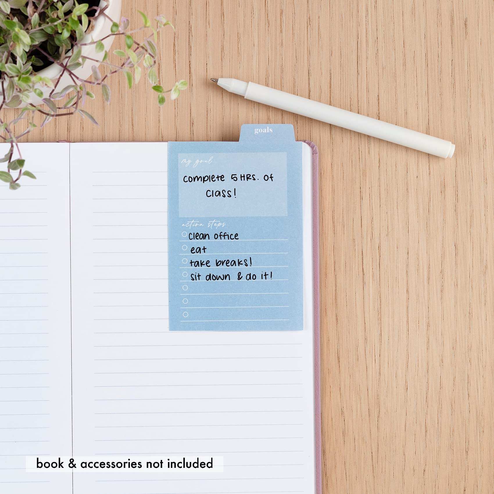 Tabbed Sticky Notes - Blue. Goals Layout. Set Goals, Track Progress, Check Off Accomplishments and Tab Important Pages. Boxed and Checklist Sections. 3.15" X 3.85". 20 Sheets by Erin Condren.