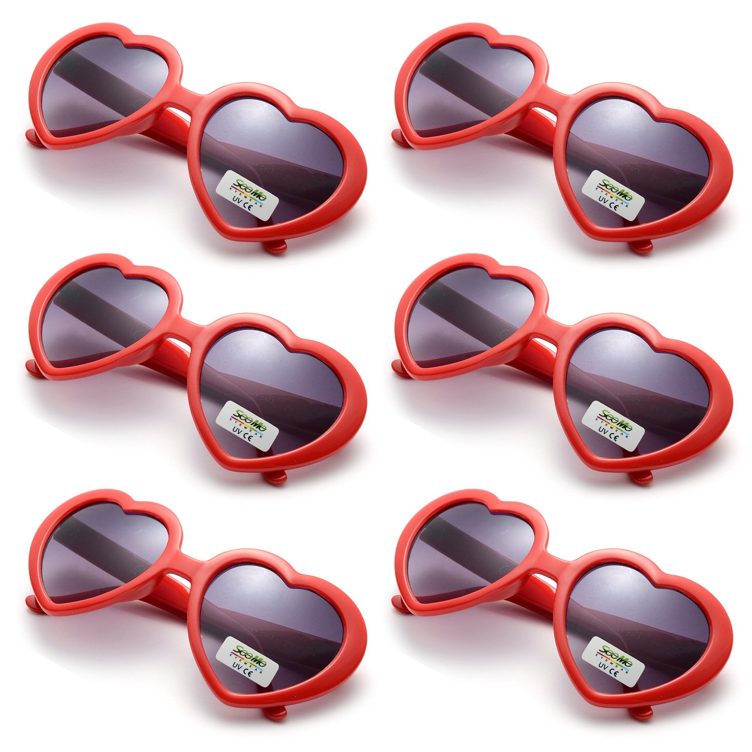 OAONNEA 6 Pack Neon Colors Party Favor Supplies Heart Shape Sunglasses (red)