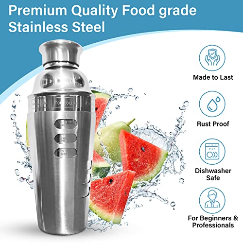 Stainless Steel Cocktail Shaker Set | 3-Piece | Anti-Smudge Martini Drink Mixer Bar Set with Mixing Spoon, 24 Oz Cocktail Drink Shaker with Jigger for Bartending | Solid Bartender Kit | Leak Proof