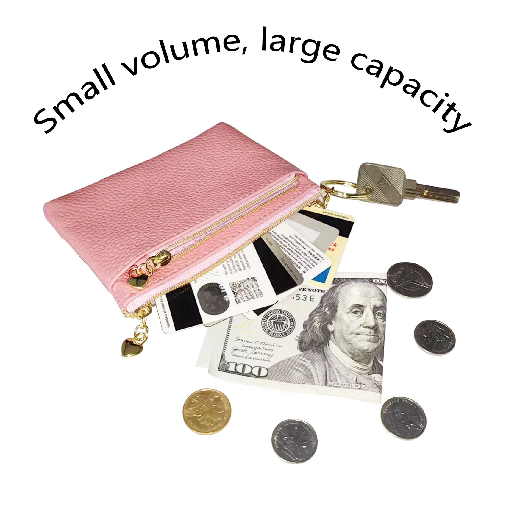 Women's Leather Portable Coin Purse, Pocket Wallet, Zipper Card Holder Wallet with Key Ring (Pink)