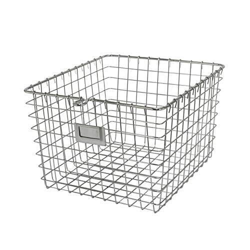 Takyl Home Medium Vintage Kitchen Pantry Basket with Customizable Label Plate for Shelves, Pantry, Closet and Food Storage, Large, Chrome