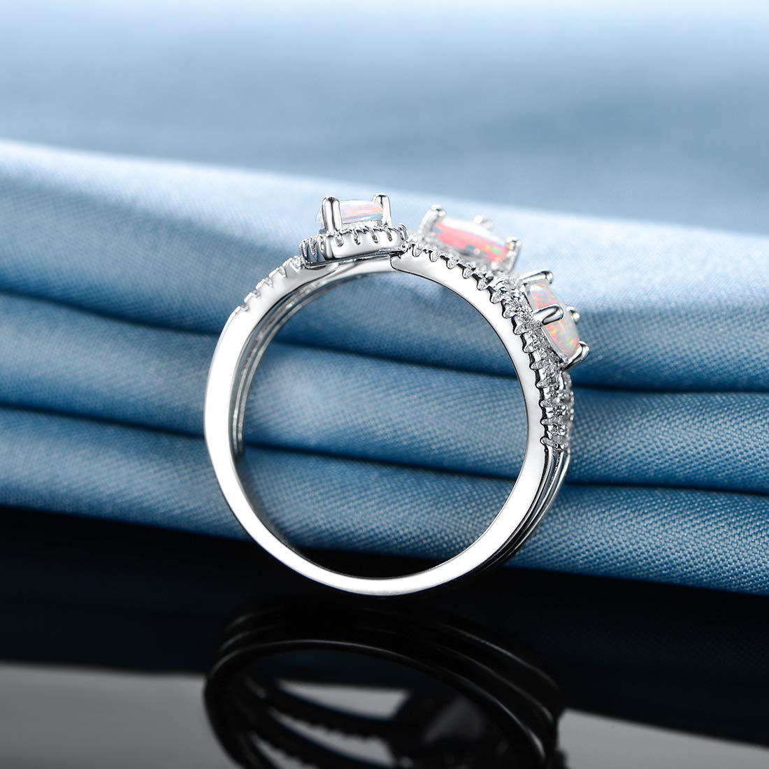 OPALBEST Opal Rings,18K White Gold Plated Heart/Square Fire Opal Cocktail Promise Rings for Women (C-white 3 types, 6)
