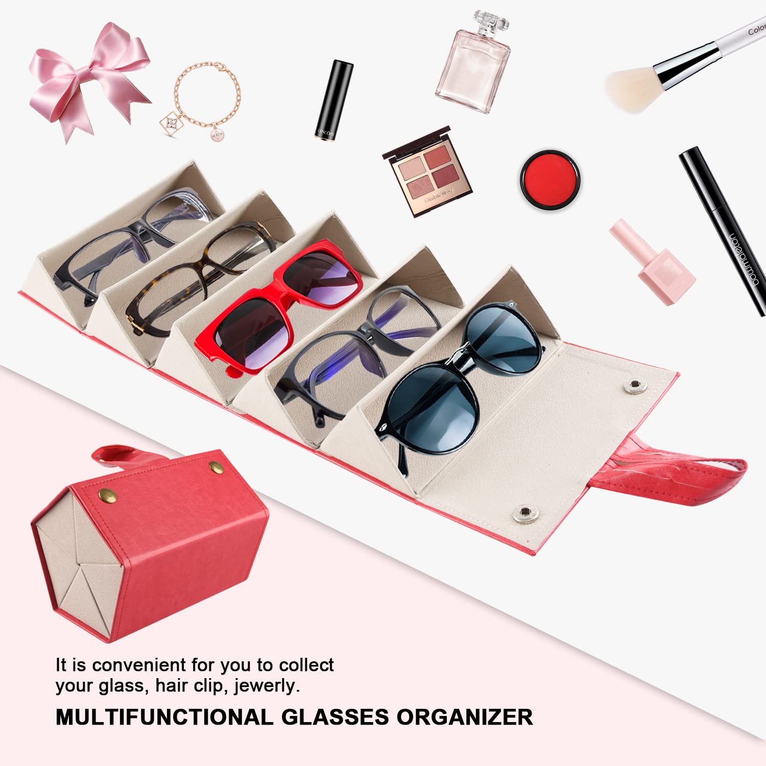 SZYMWS Sunglasses Case Organizer 5 Slot Travel Glasses Case Multiple Sunglasses Holder Organizer Eyeglasses Storage Box (Red+Grey)