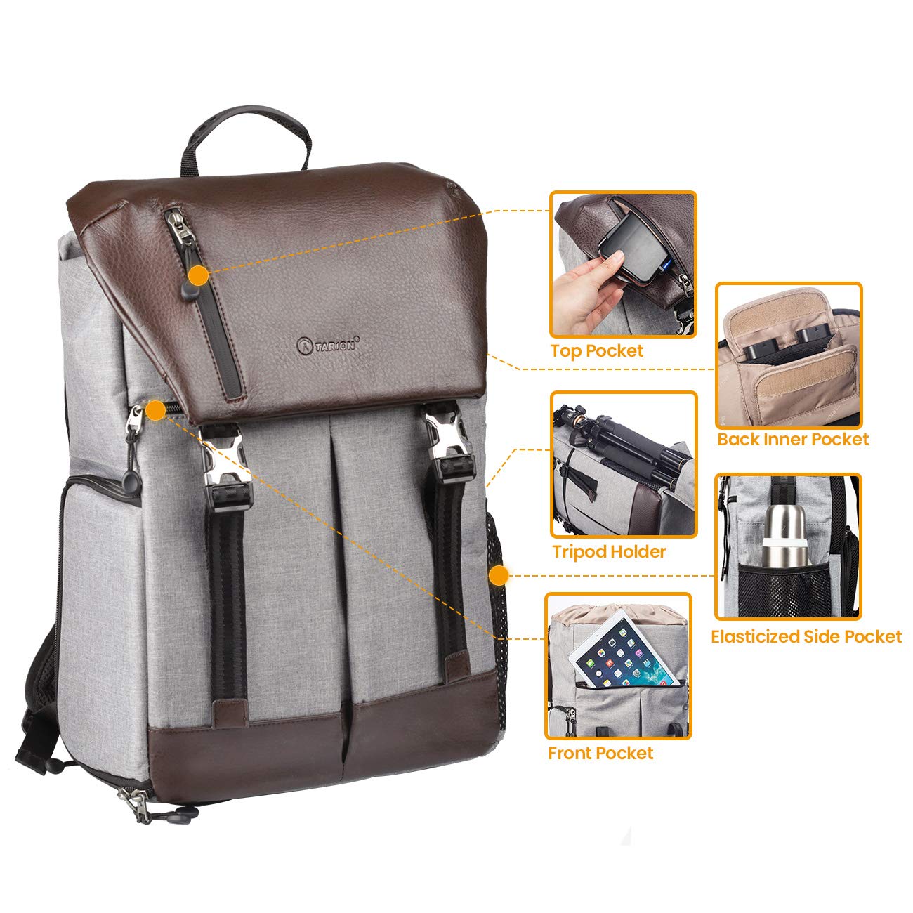 TARION Camera Backpack Waterproof Camera Bag Waterproof Certified IPX5 Large Capacity Side Access with 15.6 Inch Laptop Compartment Rain Cover for Women Men Photographer Lens Tripod Tablets