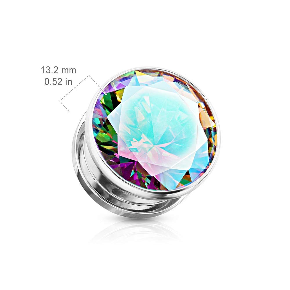 Pierced Owl Stainless Steel Bezel Set Aurora Borealis Gem Screw Fit Plug Gauges, Sold As Pair (Rainbow, 8mm (0GA))