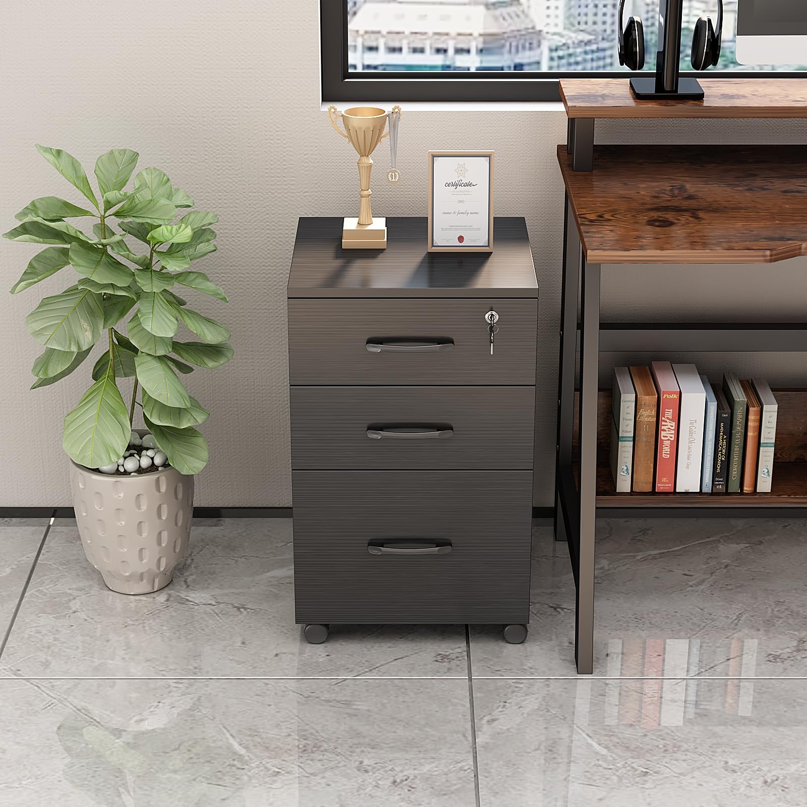 NEWSENDY Rolling File Cabinet: Slim White File Cabinet with Lock, 3-Drawer Under Desk Office Filing Cabinet for Letter/Legal Size Documents, Ideal for Home Office (Black)