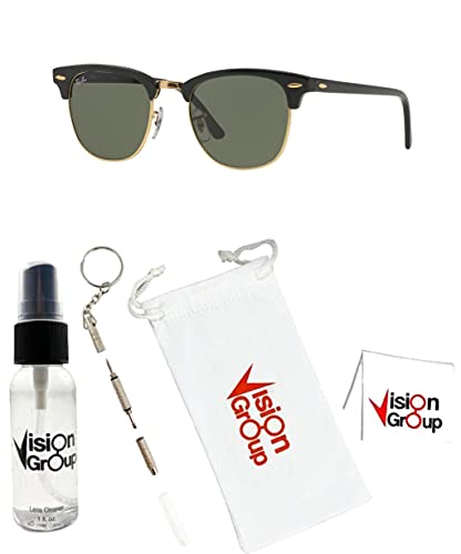 Ray-Ban RB3016 Clubmaster Sunglasses+ Vision Group Accessories Bundle, unisex-adult (Black On Arista/Crystal Green (W0365),51)