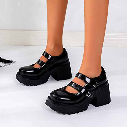 YUNWI Ladies Fashion Solid Color Leather Retro Low Top Square Toe Thick High Heel Shoes Size 11 Wedges for Women