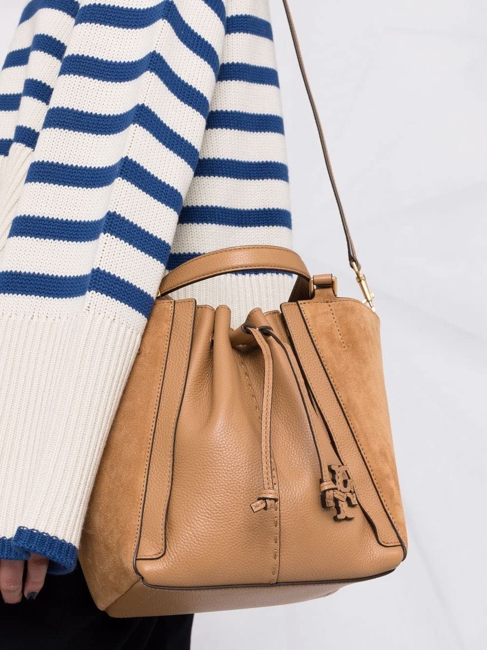 Tory Burch Women's Dragonfly Tiramisu Leather Suede Combo Bucket Handbag