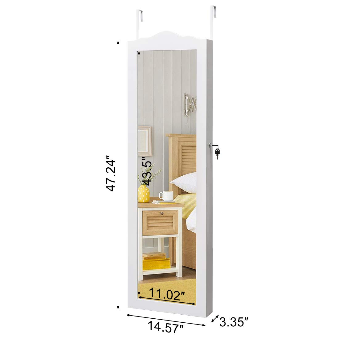 Marble Field Jewelry Cabinet Lockable Wall Door Mounted Hanging Jewelry Armoire Organizer With Full Length Mirror 2 Drawers,Black