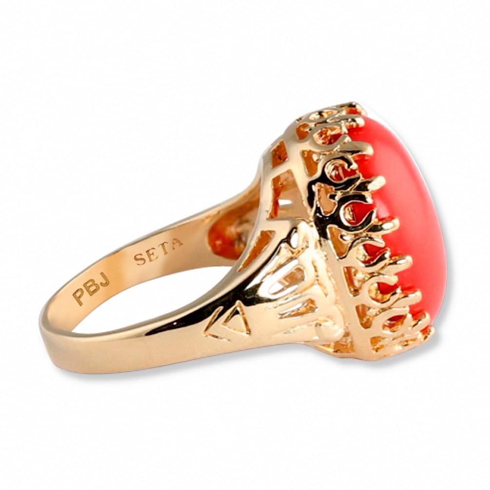 PalmBeach Yellow Gold-Plated Oval Shaped Simulated Orange Coral Cabochon Filigree Cocktail Ring Sizes 5-10 Size 8