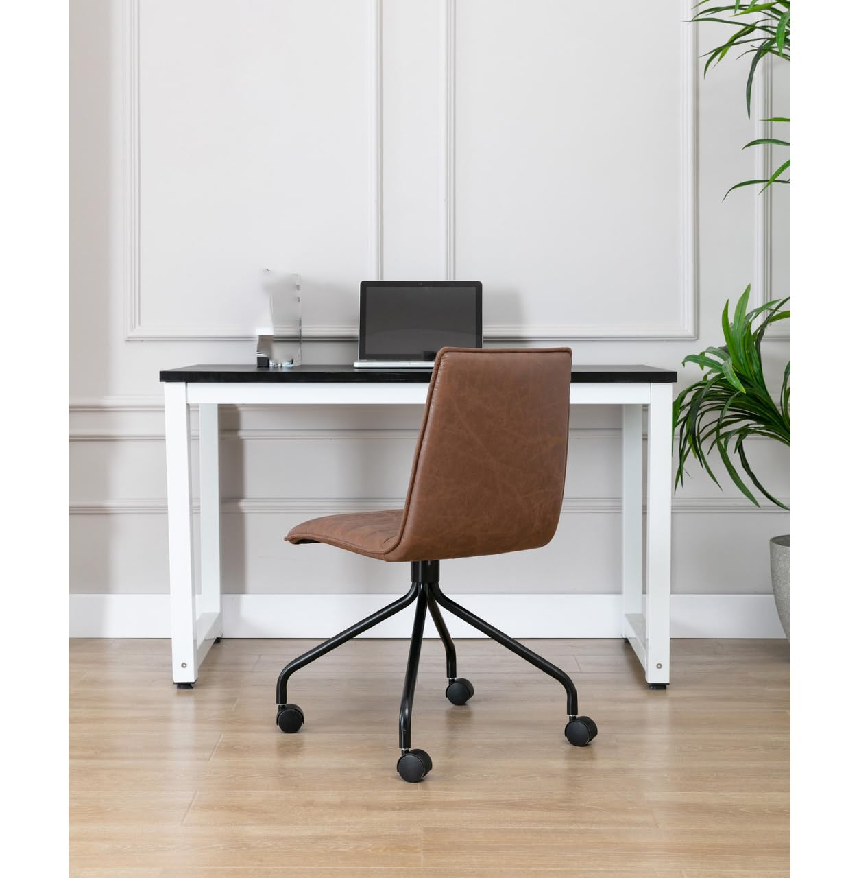 Modern Rolling Office Chair with Channeling, Low Back PU Leather Ribbed Armless Office Chair, Ergonomic Swivel Computer Task Chair with Wheels for Office, Home
