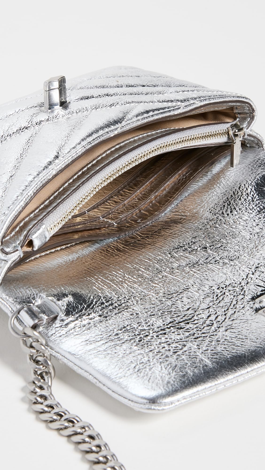 Tory Burch Women's Kira Chevron Metallic Pave Logo Chain Wallet, Silver, One Size