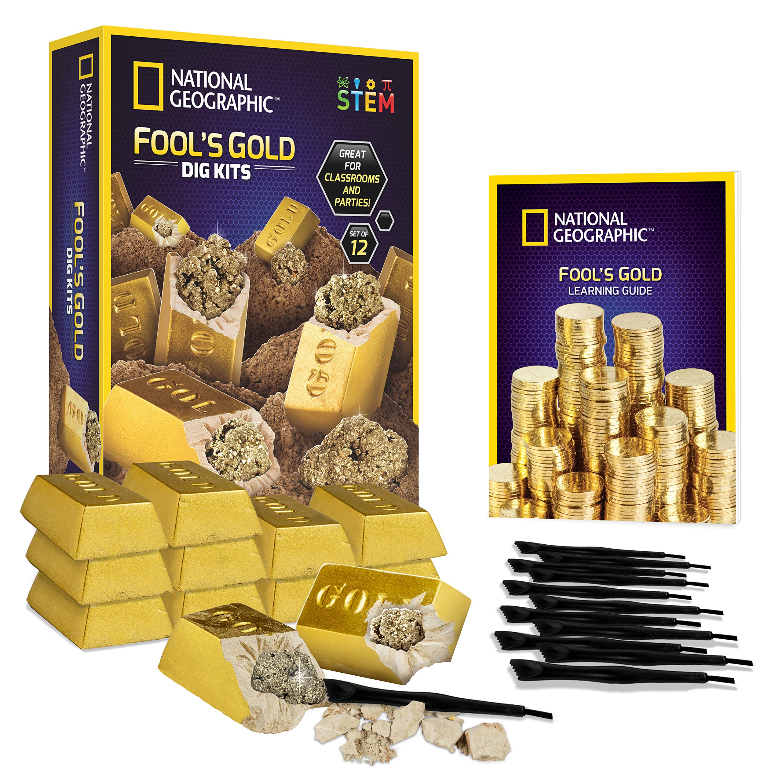 NATIONAL GEOGRAPHIC Foolâs Gold Dig Kit â 12 Gold Bar Dig Bricks with 2-3 Pyrite Specimens Inside, Party Activity with 12 Excavation Tool Sets, Great Stem Toy for Boys & Girls or Party Favors