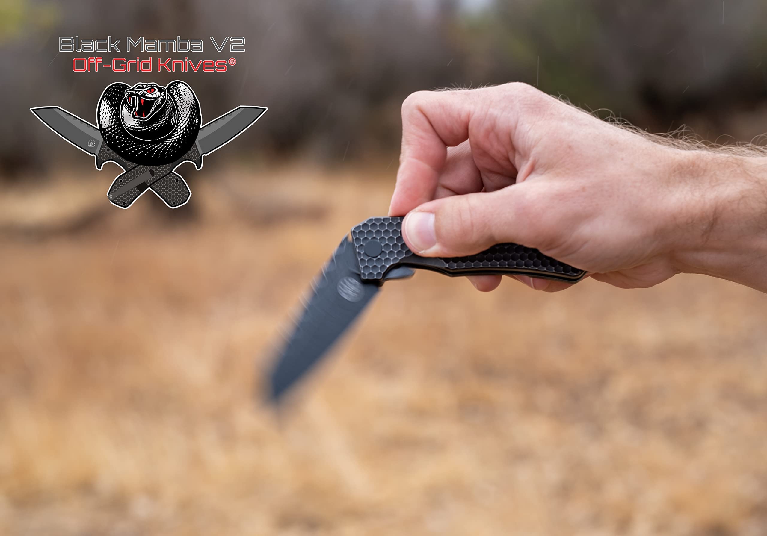 Off-Grid Knives - Black Mamba V2 - Bohler M390 Super Steel Blade, 6AL4V Titanium Scales, Ceramic Ball Bearing Flipper Knife, Brushed DLC, Open Back Design, Deep Pocket Carry