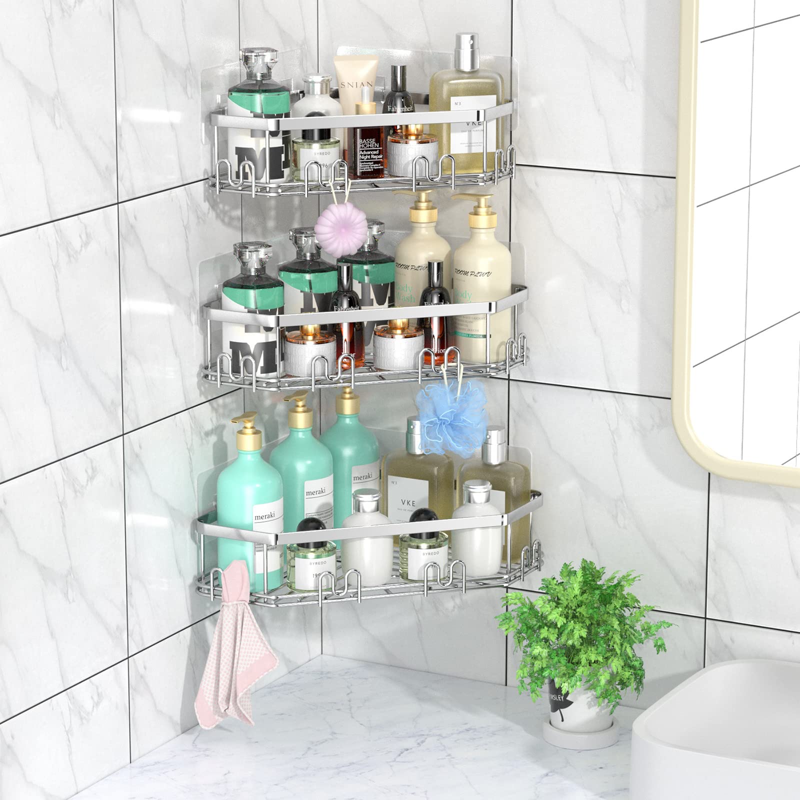 STEUGO Corner Shower Caddy, Shower Organizer Corner Shower Shelf with 12 Hooks,3-Pack Adhesive Stainless Steel Shower Shelves for Bathroom Storage,No Drilling Wall Mounted Shower Rack (Silver)