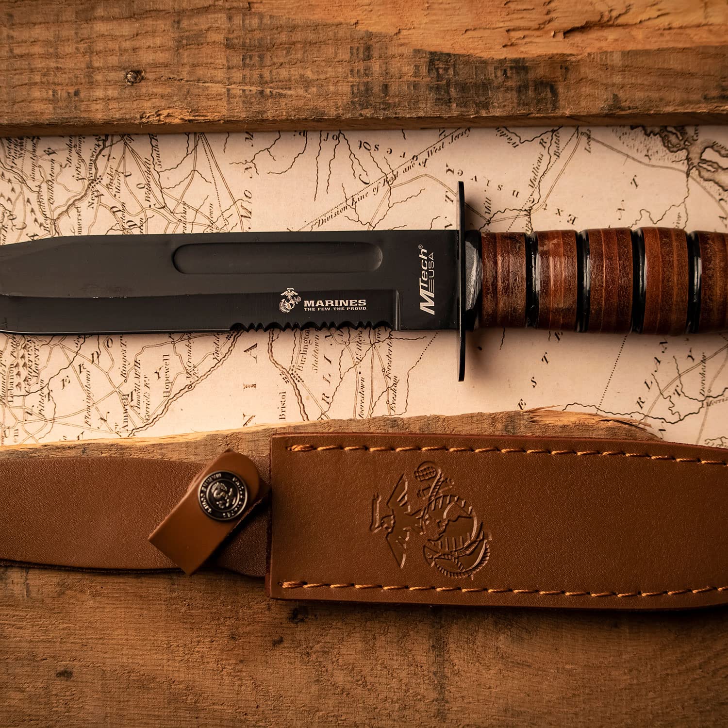 MTech USA β Fixed Blade Knife β Black, Partially Serrated Blade, Leather Wrapped Handle, Includes Leather Sheath with U.S. Marines Logo, Hunting, Camping, Survival, Tactical, EDC - MT-122MR