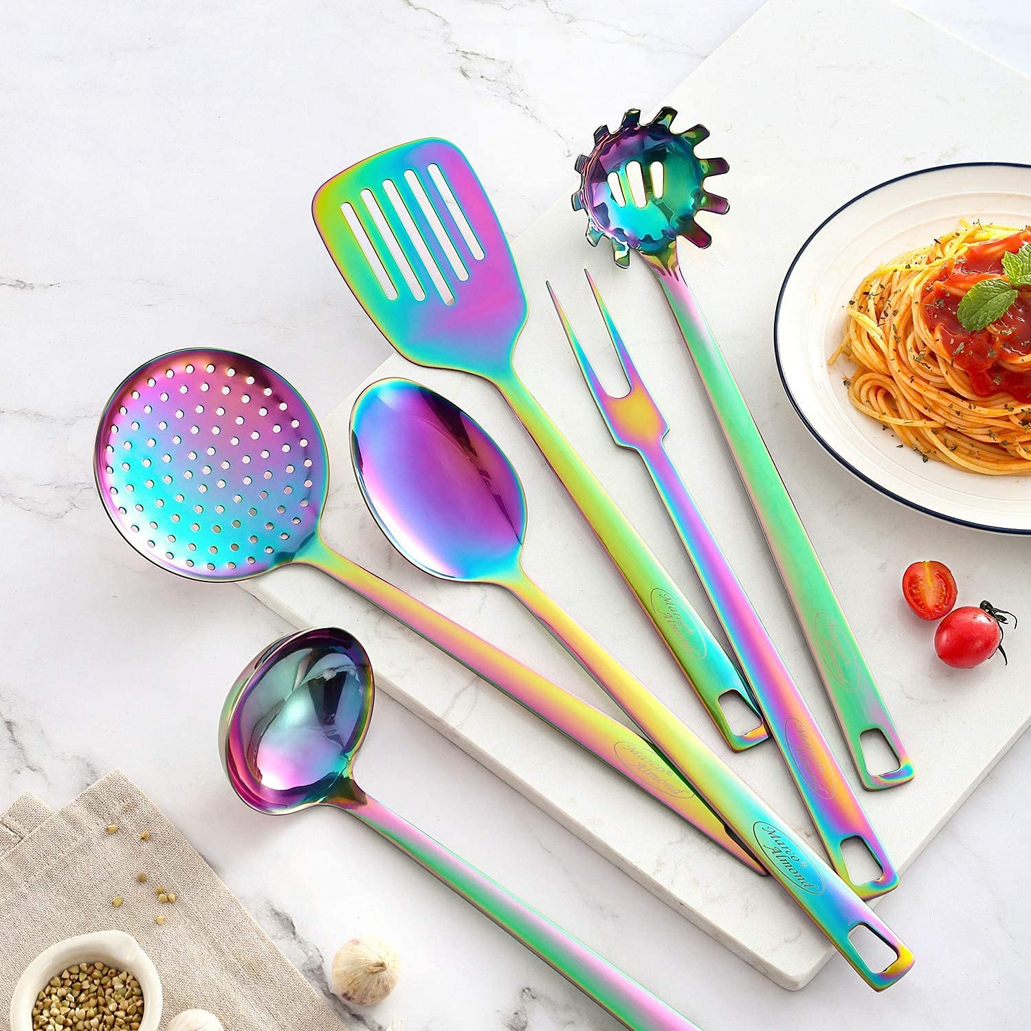 Marco AlmondĀ® Kitchen Utensil Set, Stainless Steel Cooking Utensils Sets with Titanium Plated, 7 PCS Kitchen Turner, Serving Spoon, Ladle, Skimmer Spoons, Fork, Pasta Server and Holder, Rainbow