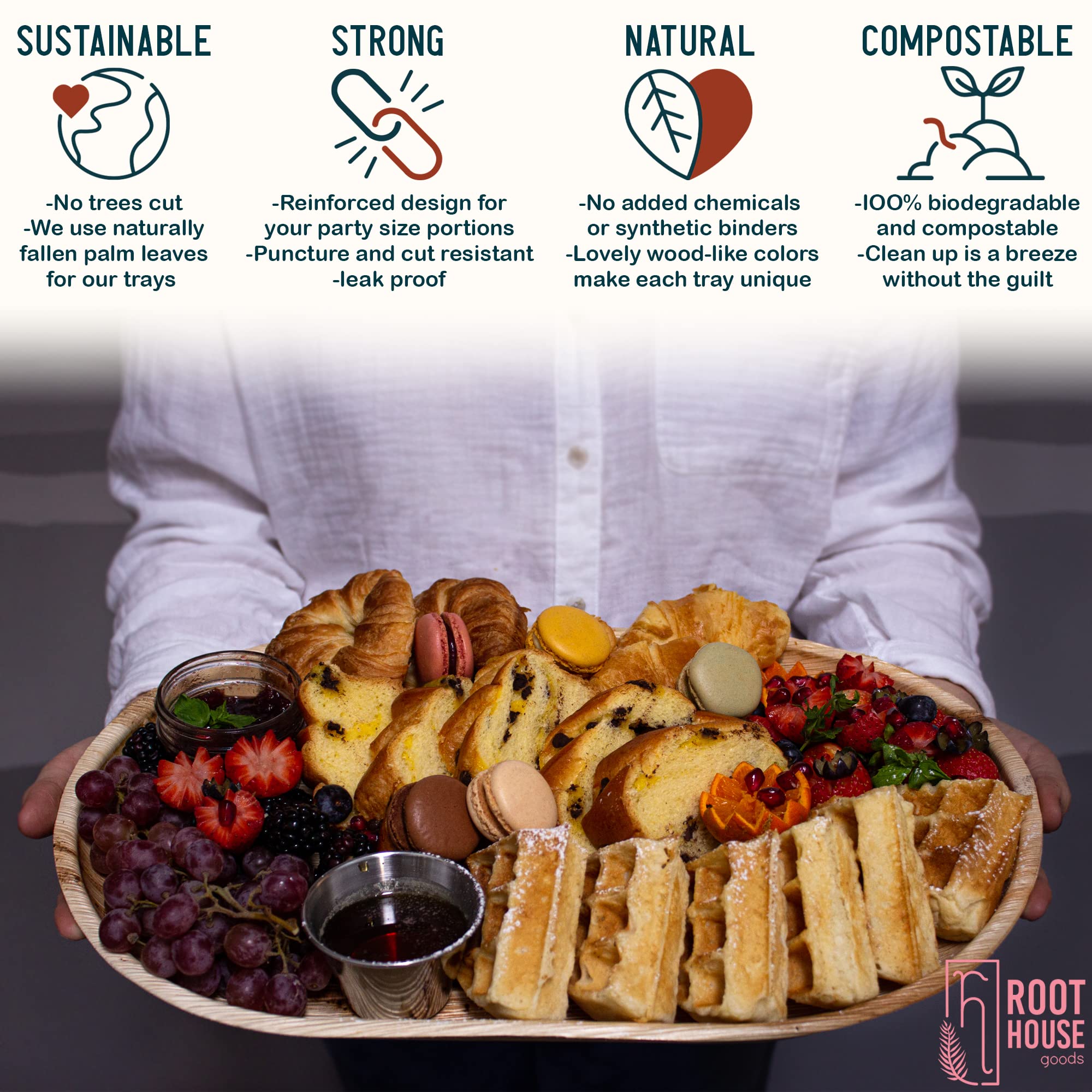 Root House Goods - Palm Leaf Trays 17"x12" Large (12 pk) | Disposable Serving Trays | Eco-Friendly | Compostable Platters for Weddings, Catering Events, Charcuterie, Grazing, Cheese Boards