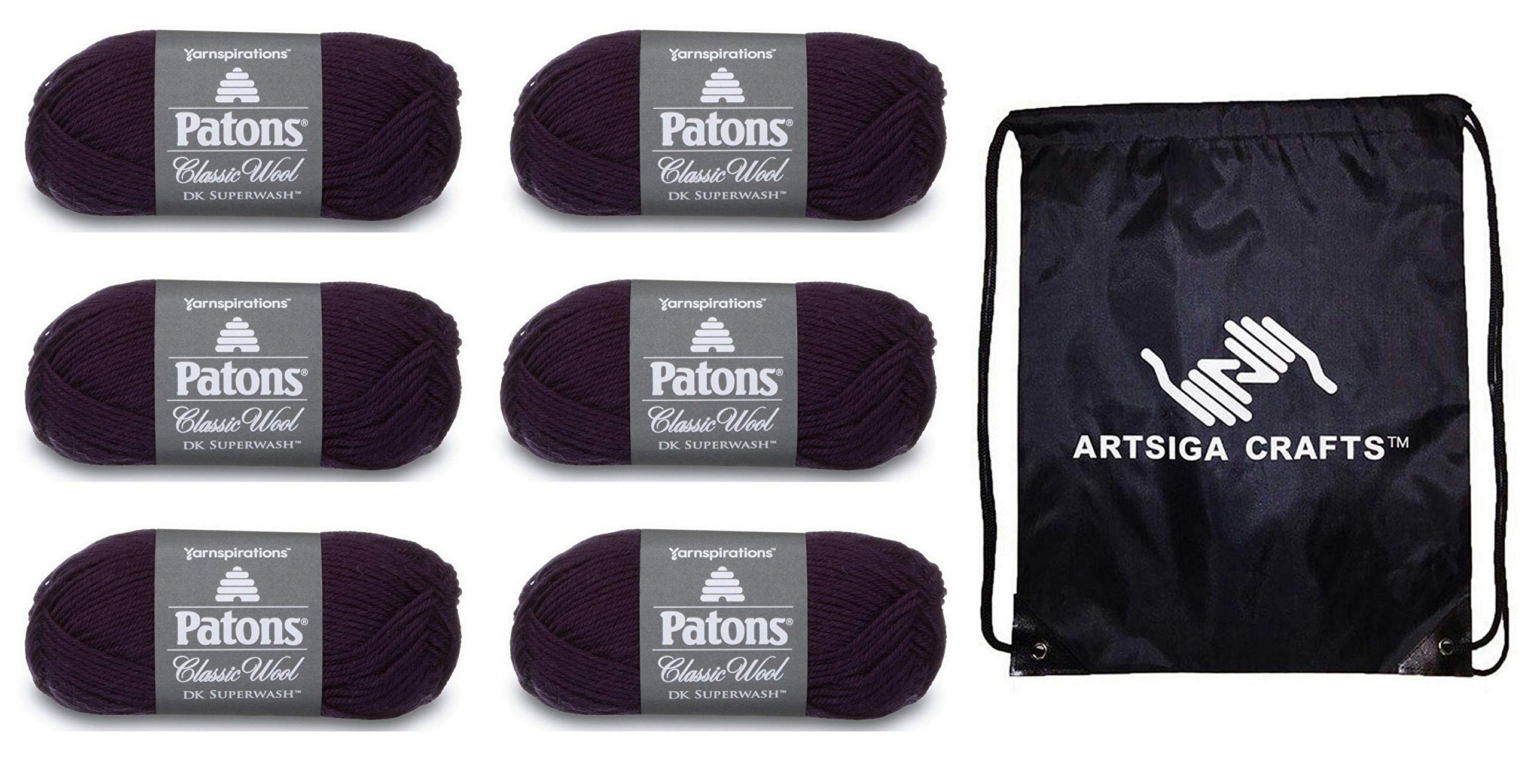 Patons Knitting Yarn Classic Wool DK Superwash Eggplant 6-Skein Factory Pack (Same Dye Lot) 246012-12310 Bundle with 1 Artsiga Crafts Project Bag