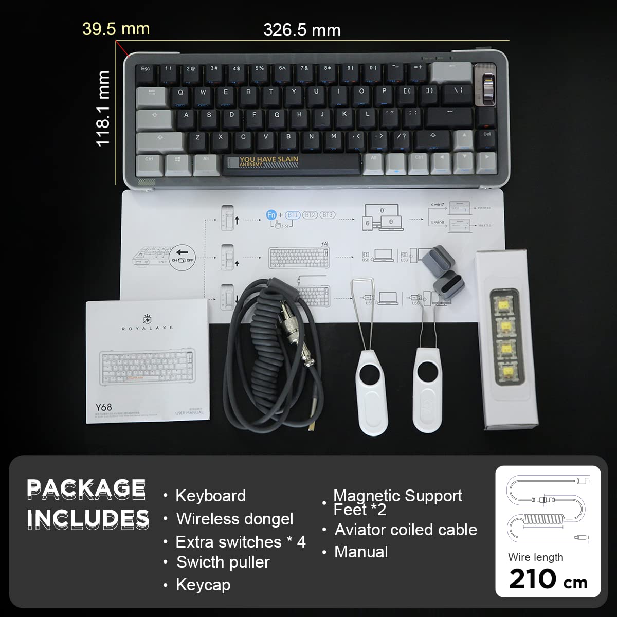 YUNZII Y68 65% Hot Swappable Wireless Mechanical Keyboard with RGB Backlight, Double Shot PBT Keycaps for Gamers/Mac/Win (Gateron Pro Brown,Y68 Black)