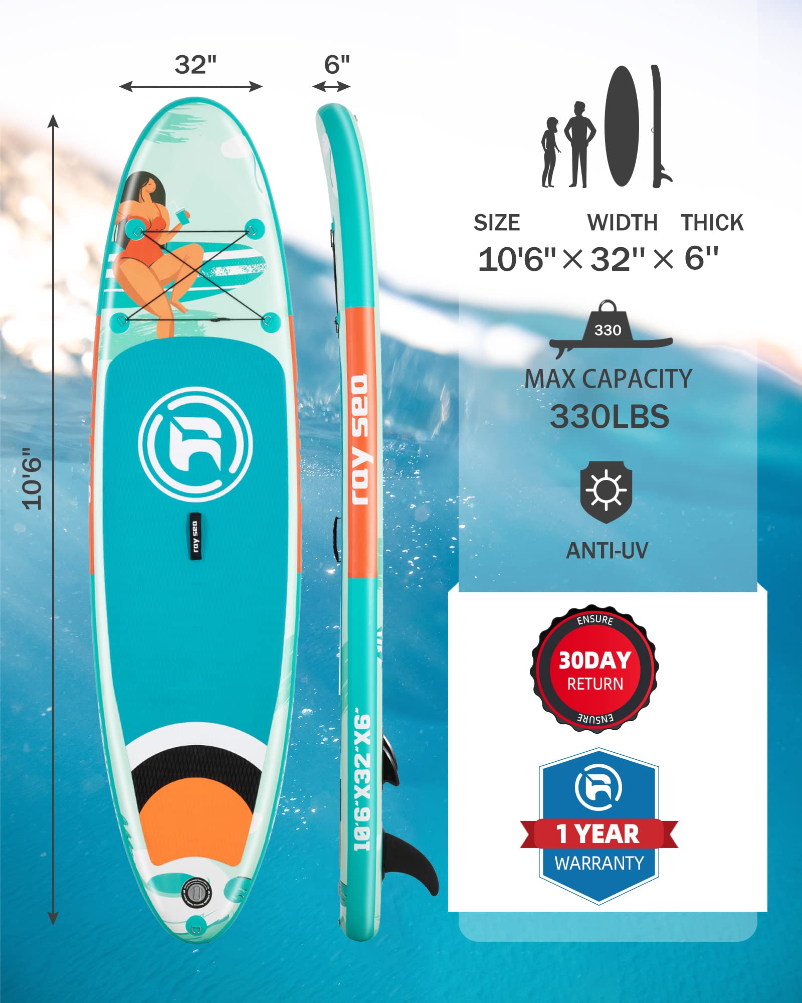 RAYSEA Inflatable Paddle Boards, 10'6'' Stand Up Ultra-Light SUP for All Skill Levels, w/Accessories Backpack, Anti-Slip Deck, Leash, Adjustable Paddle and Hand Pump, Waterproof Bag