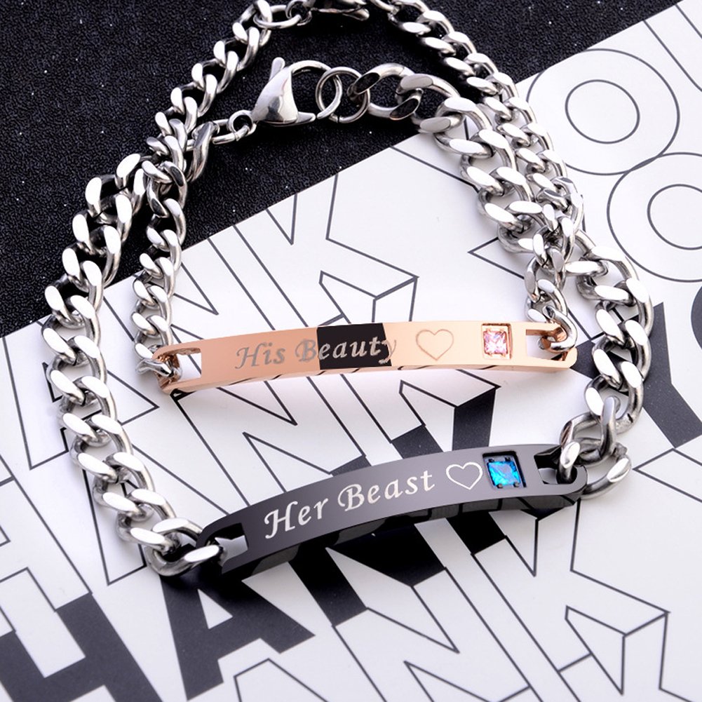 OUXUN Matching Bracelets For Couples Set Her Beast His Beauty 2 Pcs Romantic Lettering Relationship Couples Link Bracelets Promise Gifts Birthday Present For Women Men BF GF Lovers