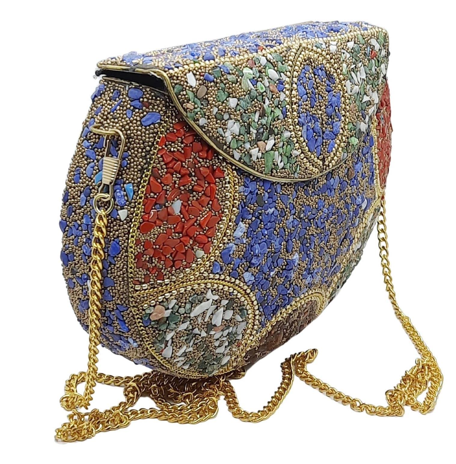 Trend Overseas Multi color Cut Stone Antique Ethnic mosaic party clutch, Multicolour, M