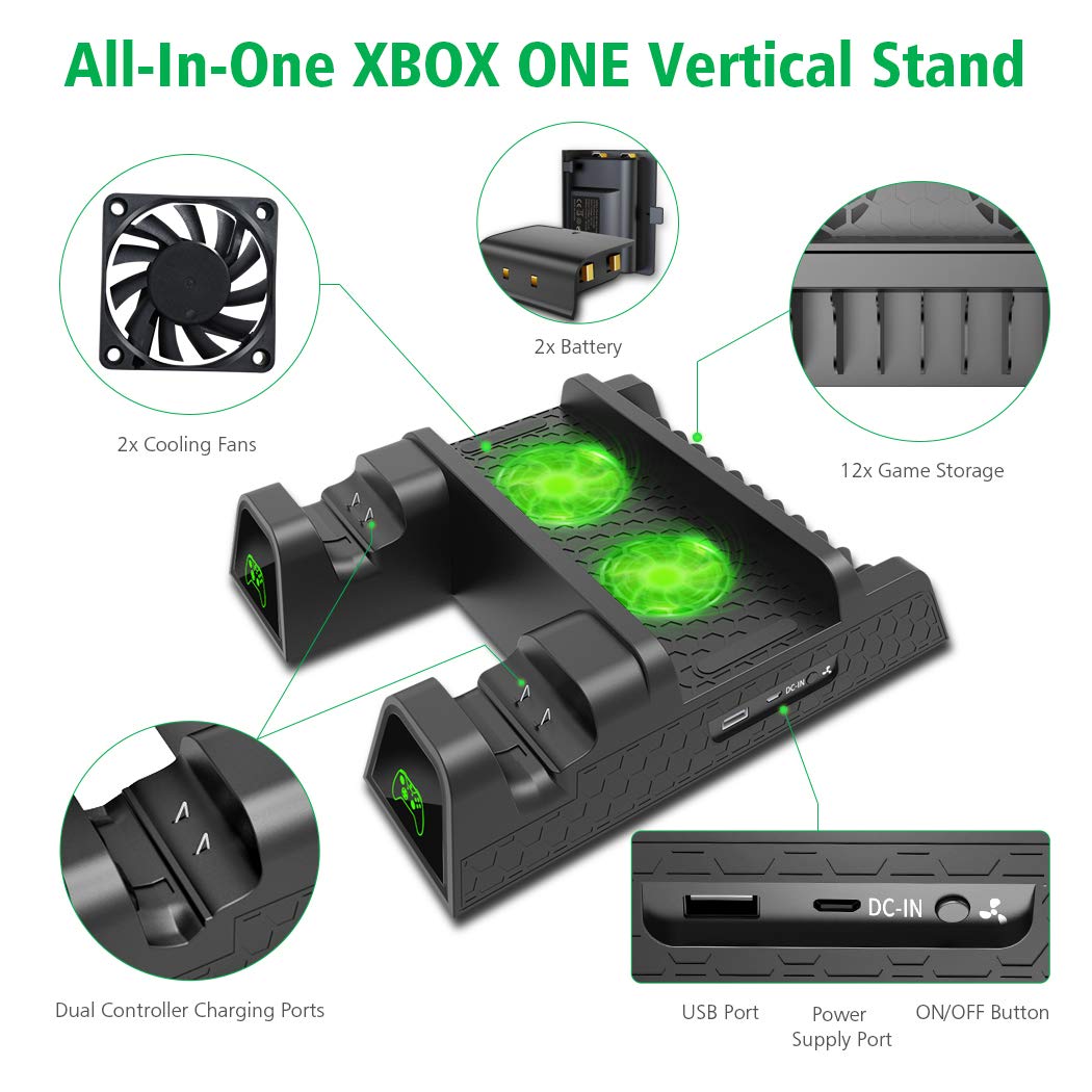 OIVO Vertical Cooling Stand Compatible with Xbox ONE X/ONE S/Regular ONE, Cooler Cooling Fan with 2PACK 600mAh Batteries,Games Storage, Dual Controller Charging Docking Station for Xbox ONE/S/X