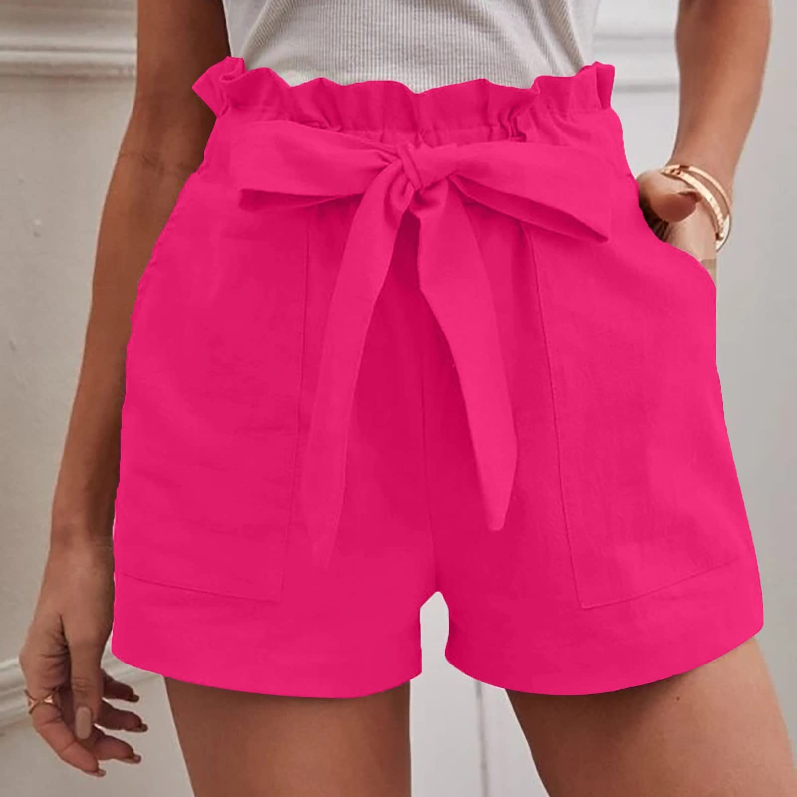Women's Summer Fashion Solid Wide Leg Pants with Pockets Shorts (Hot Pink, M)