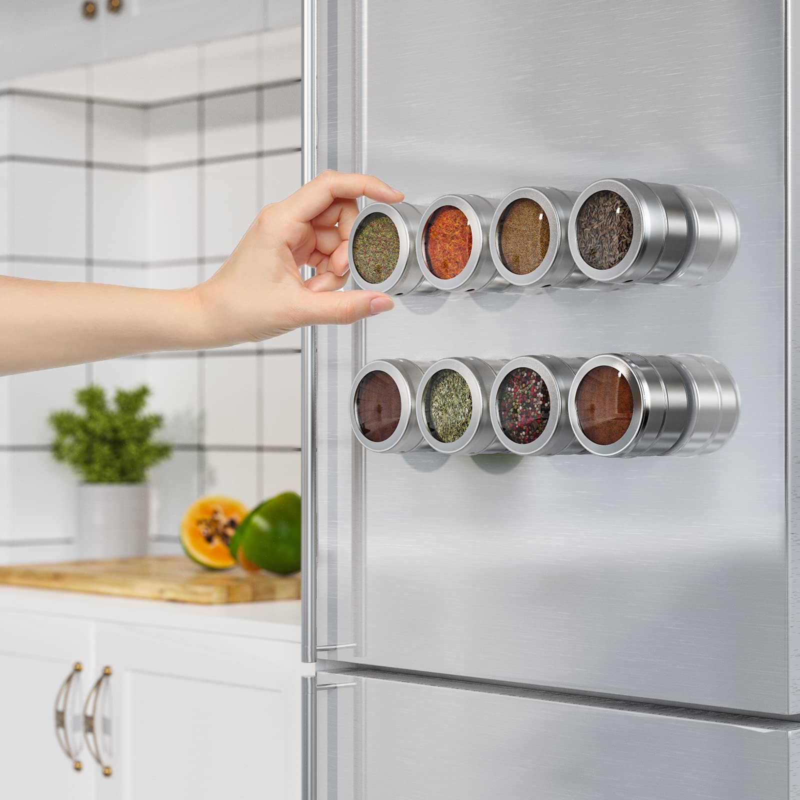 Vetacsion Set of 8 Magnetic Spice Tins with 2 Metal Wall-Plates,100 Preprinted Seasoning Label Stickers,2 Styles for 3 oz Herb Jars