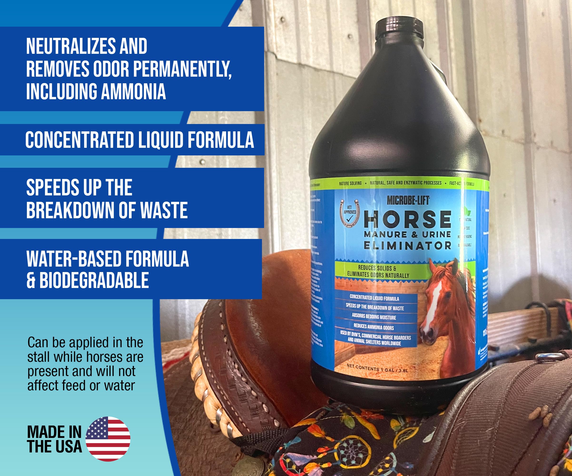 MICROBE-LIFT Horse Manure & Urine Eliminator for Use in Stables and Barns, Use on all Surfaces and Supplies, Ammonia Reducer, Highly Concentrated Formula, 1 Gallon
