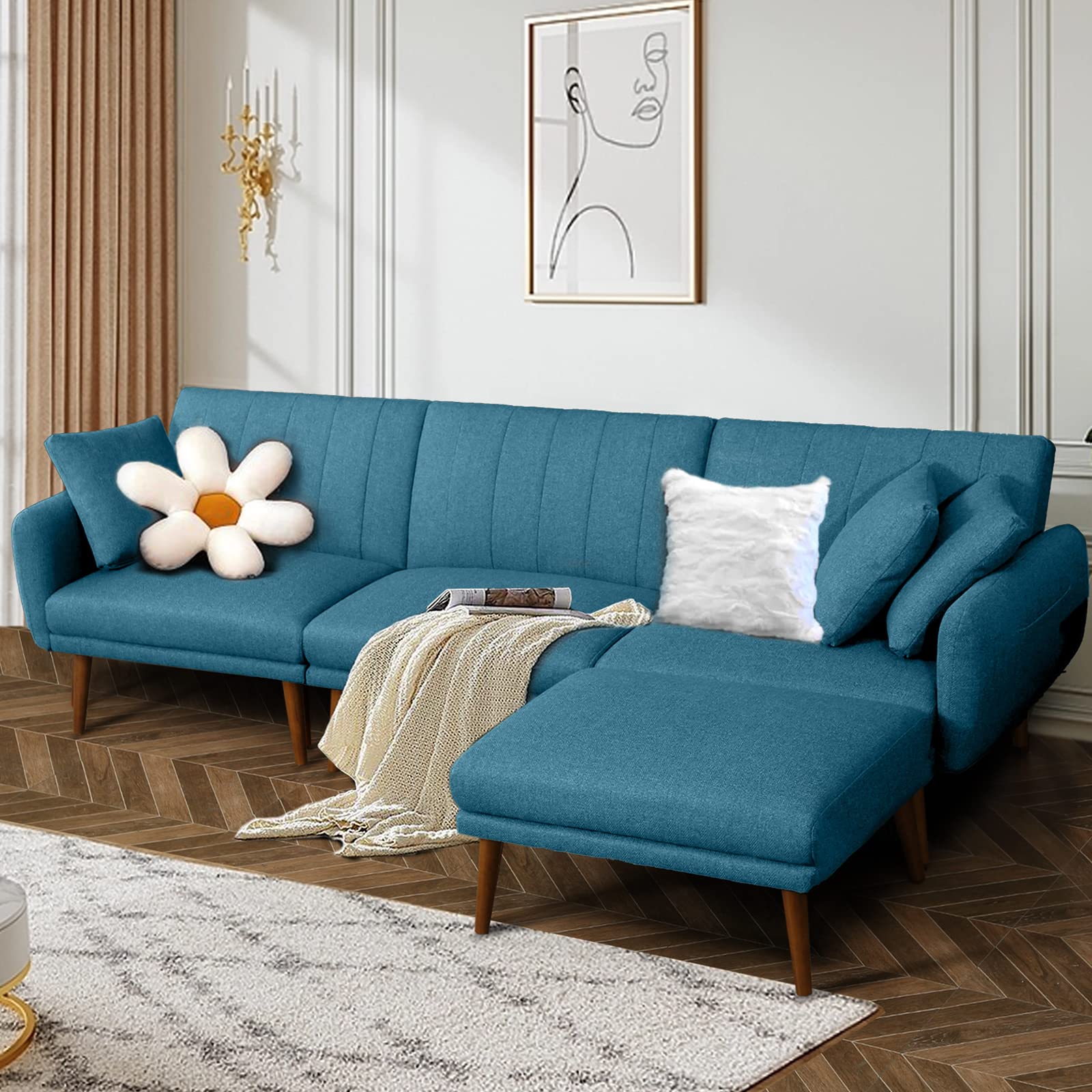 NOBLEMOOD Sleeper Sectional Sofa Bed for Living Room, L-Shaped Linen Fabric Couch Sofas with Reclining Backrest and Removable Ottoman (Blue)