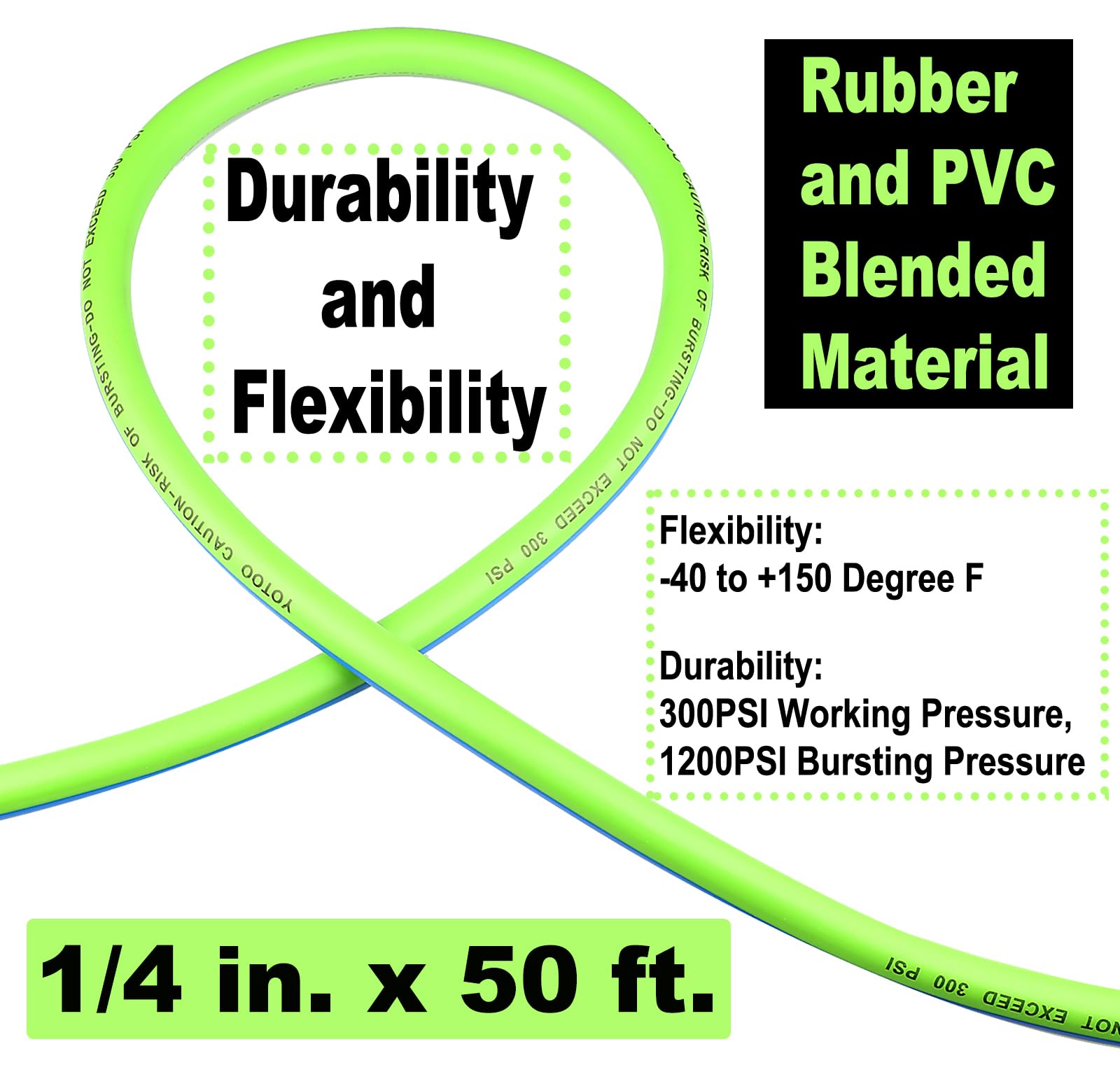 YOTOO Air Hose 1/4 in x 50 ft, Heavy Duty Hybrid Air Compressor Hose, Flexible, Lightweight, Kink Resistant with 1/4" Industrial Quick Coupler Fittings, Bend Restrictors, Green+Blue