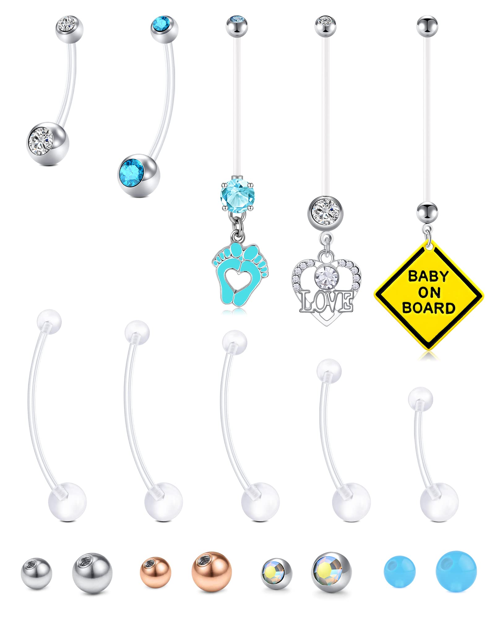 TOKRING Pregnancy Belly Button Rings Plastic Maternity Long Belly Button Rings Bar for Healing Clear Flexible Belly Piercing Retainer with Different Balls for Replacement