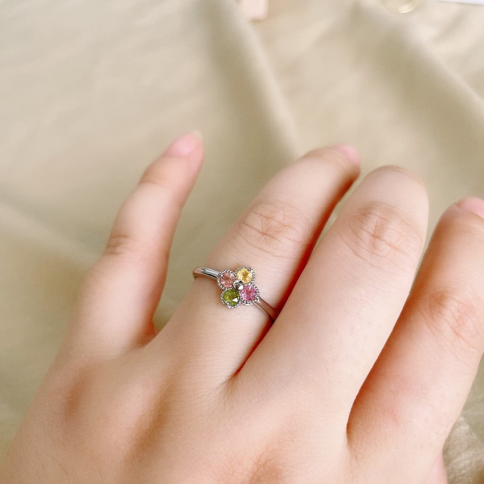 Trendy Tandi Tourmaline Clover Adjustable Ring for Women, Delicate 925 Silver Ring