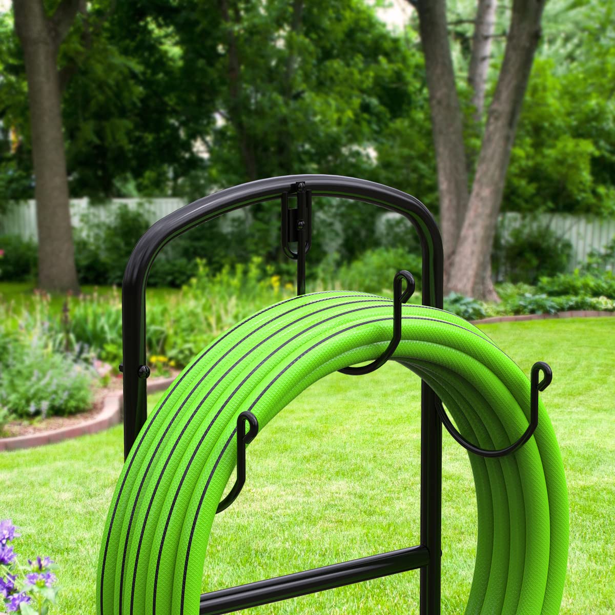 Venkuber Garden Hose Holder, Freestanding Water Hose Stand with Hanger Hooks Hose Rack for Yard Outside, Black