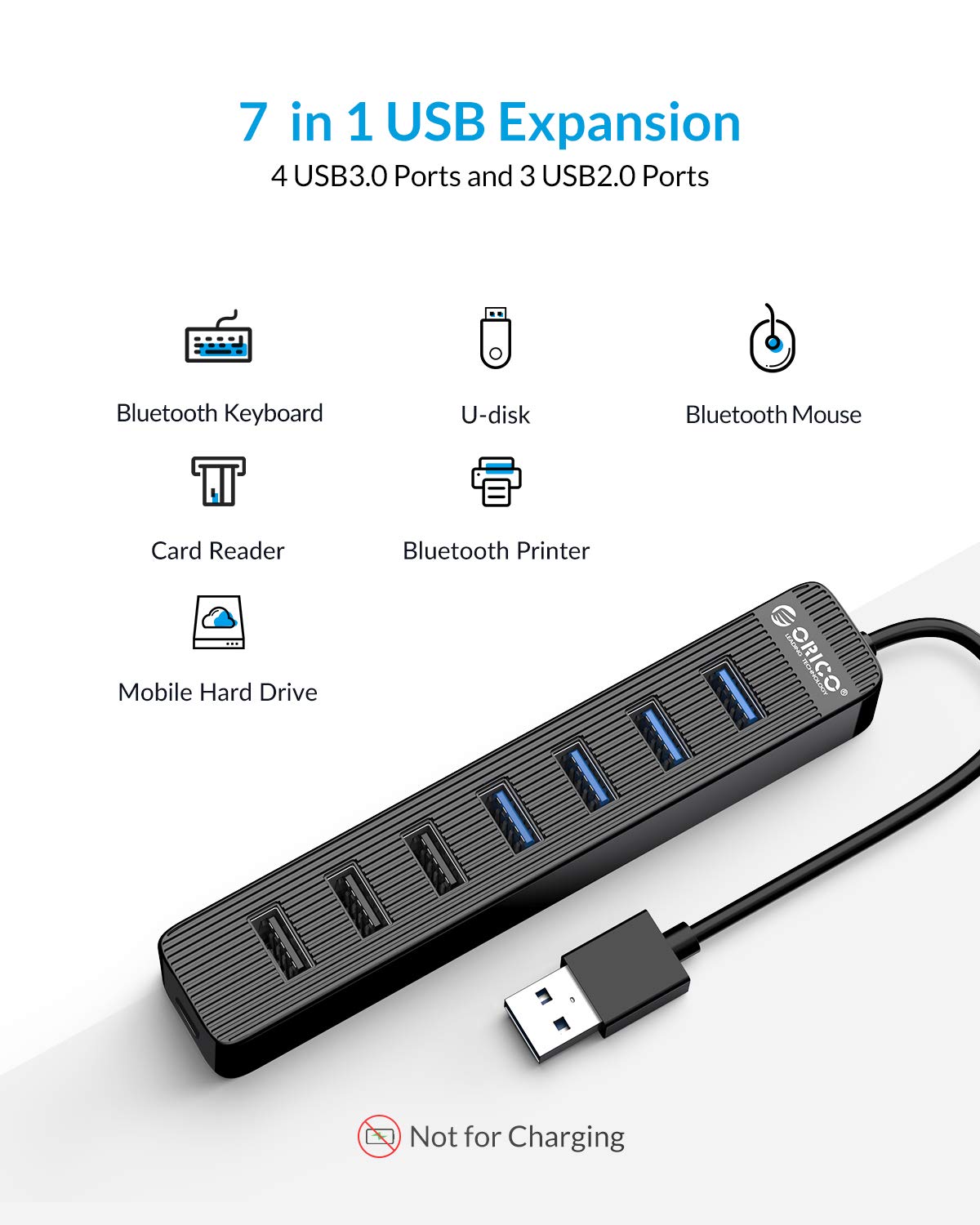 ORICO 7 Port USB Hub, USB 3.0 & 2.0 2-in-1 Data Hub with 5V Power Supply Port for MacBook, iMac, Surface Pro, XPS, Laptop, Flash Drives, Mobile HDD, Keyboard, Mouse and More