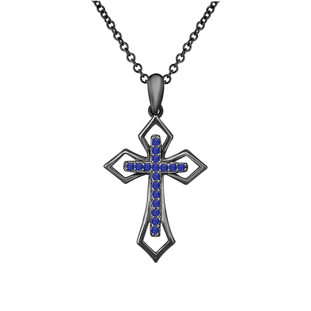 RUDRAFASHION Round Cut 14k Black Gold Plated Blue Sapphire Cross Pendant Valentines-Day for Womens