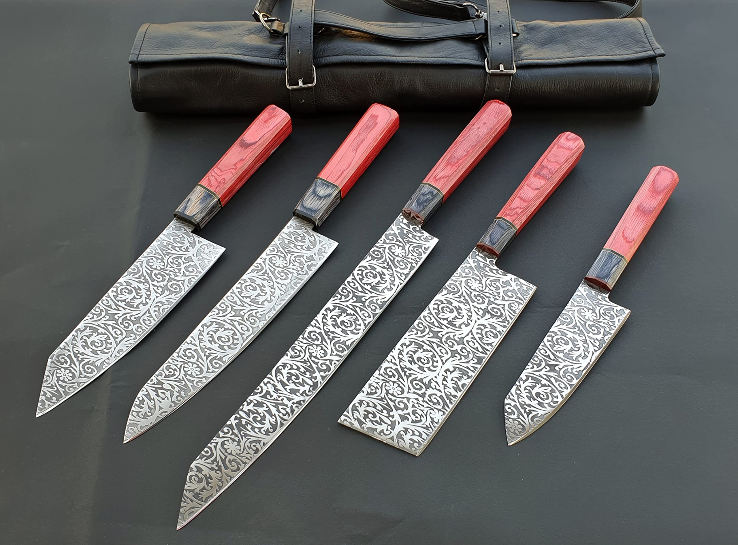Vetus Japanese Knife Set | 12C27 High Stainless Steel Chef Knife Set | Professional Etched Kitchen Knives Set with Chef Bag/Knife Roll | Chef Knife Bag