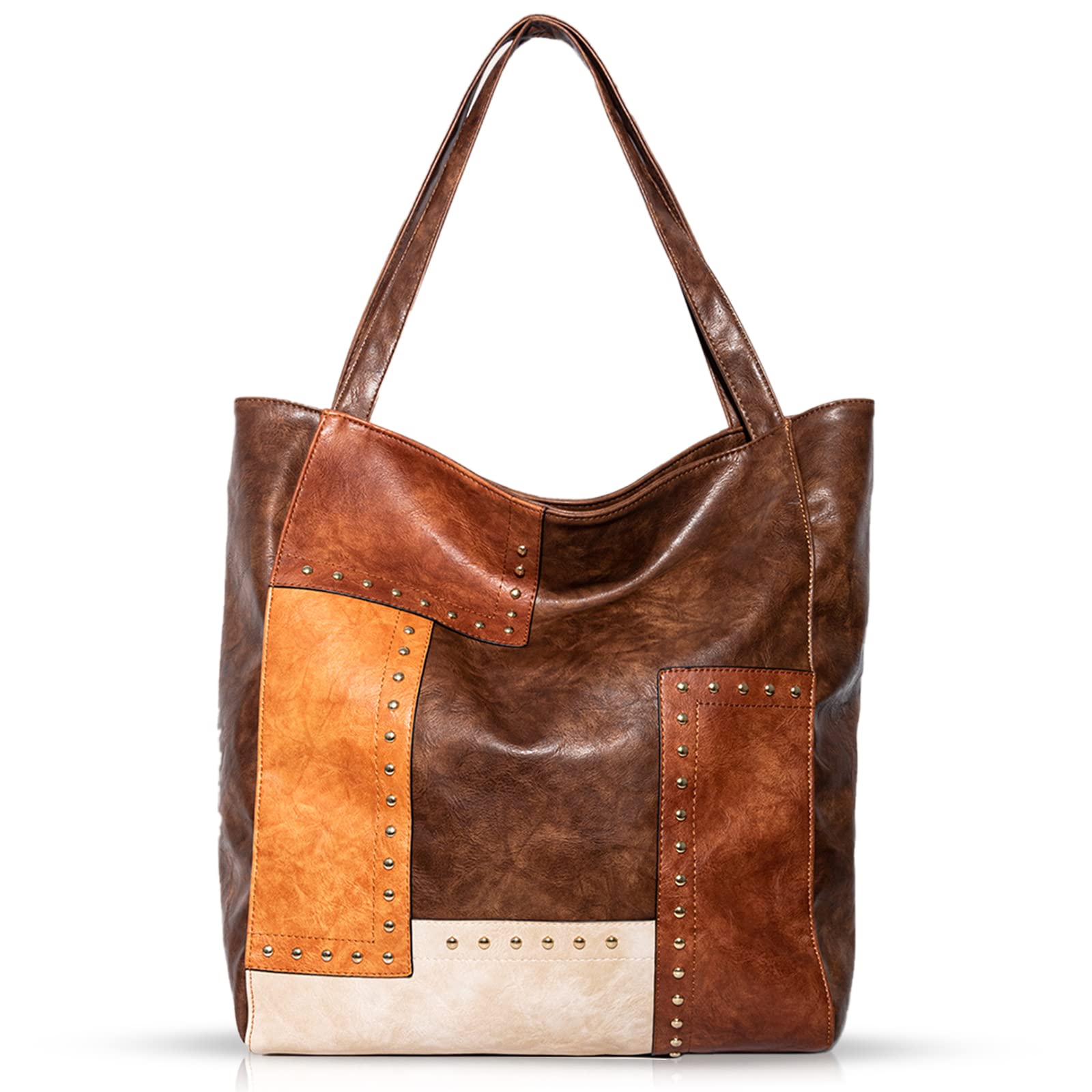 Tote Bag for Women, Large Leather Shoulder, Vegan Leather Handbag, Creative Stitching Rivet Decoration Leather Purse, With Travel, Work, Vacation