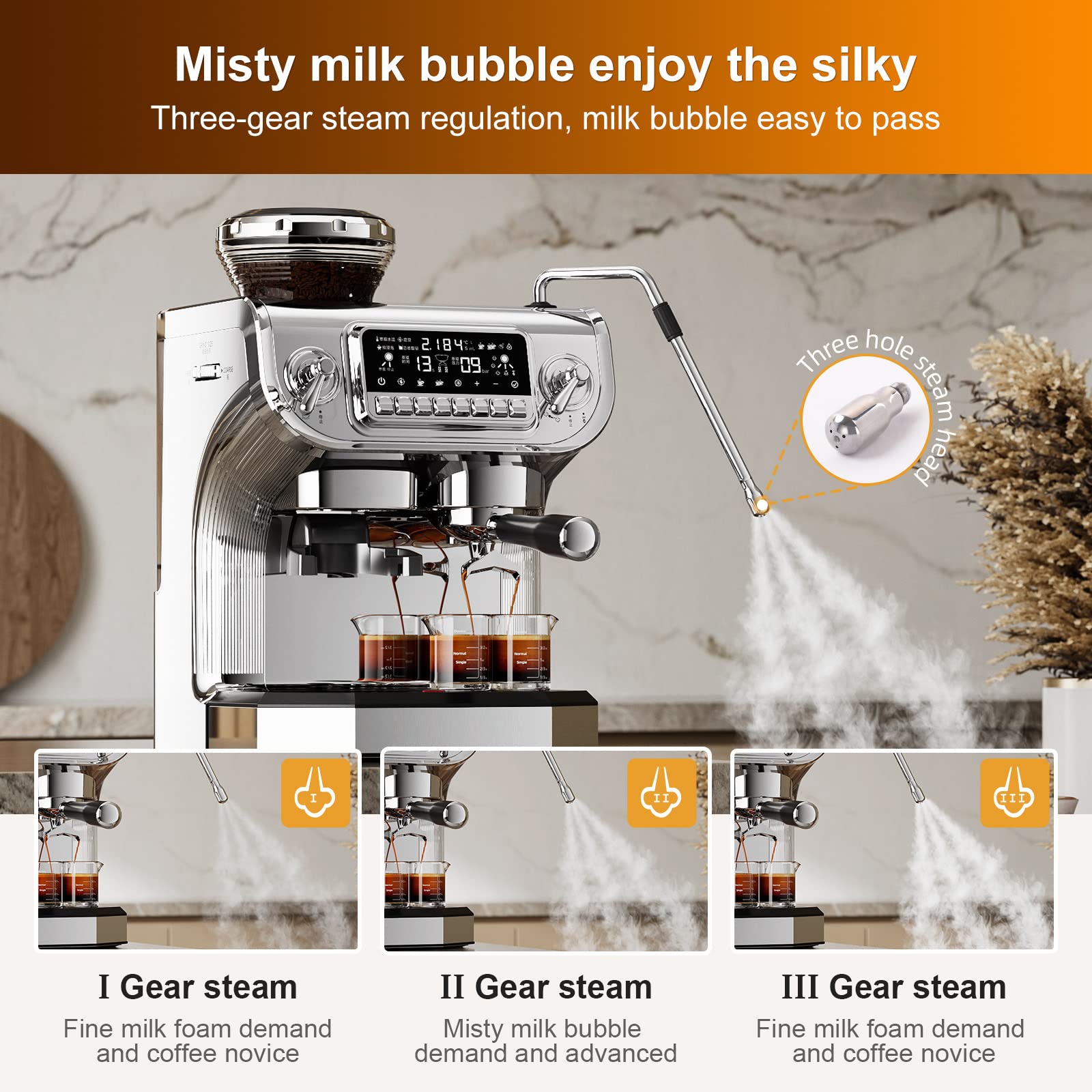 Mcilpoog TC530 Espresso Machine with Milk Frother,Semi Automatic Coffee Machine with Grinder,Easy To Use Espresso Coffee Maker with 5.5 inch Large Screen,15 Bar Pressure Pump,PID Temperature Control.