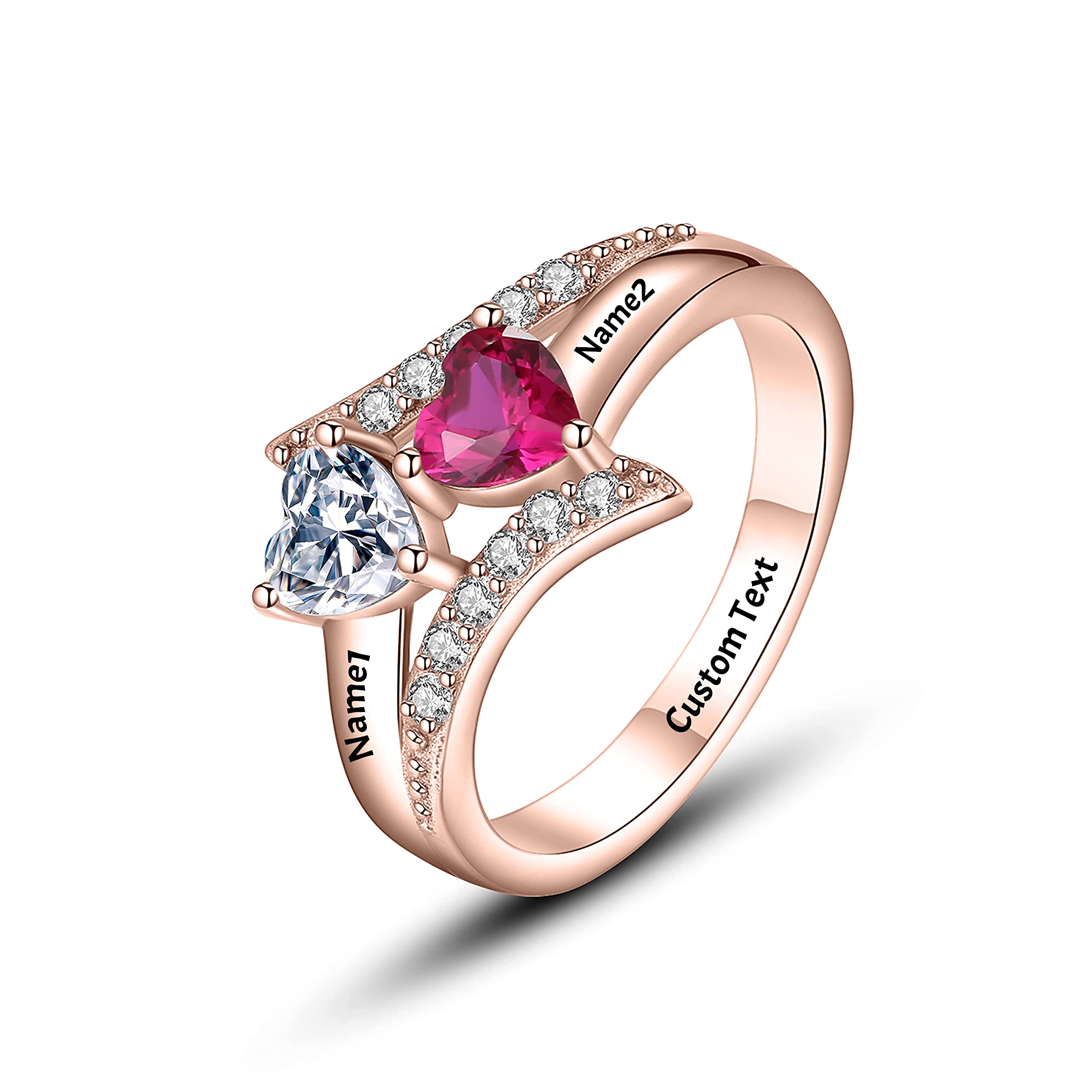 ROWAWA Carved 2 Birthday Stones Promise Ring Couple Heart shaped Engagement Ring Mother Daughter Personalized Jewelry Customized Gift Two Names Mother's Day Gift Sterling Silver