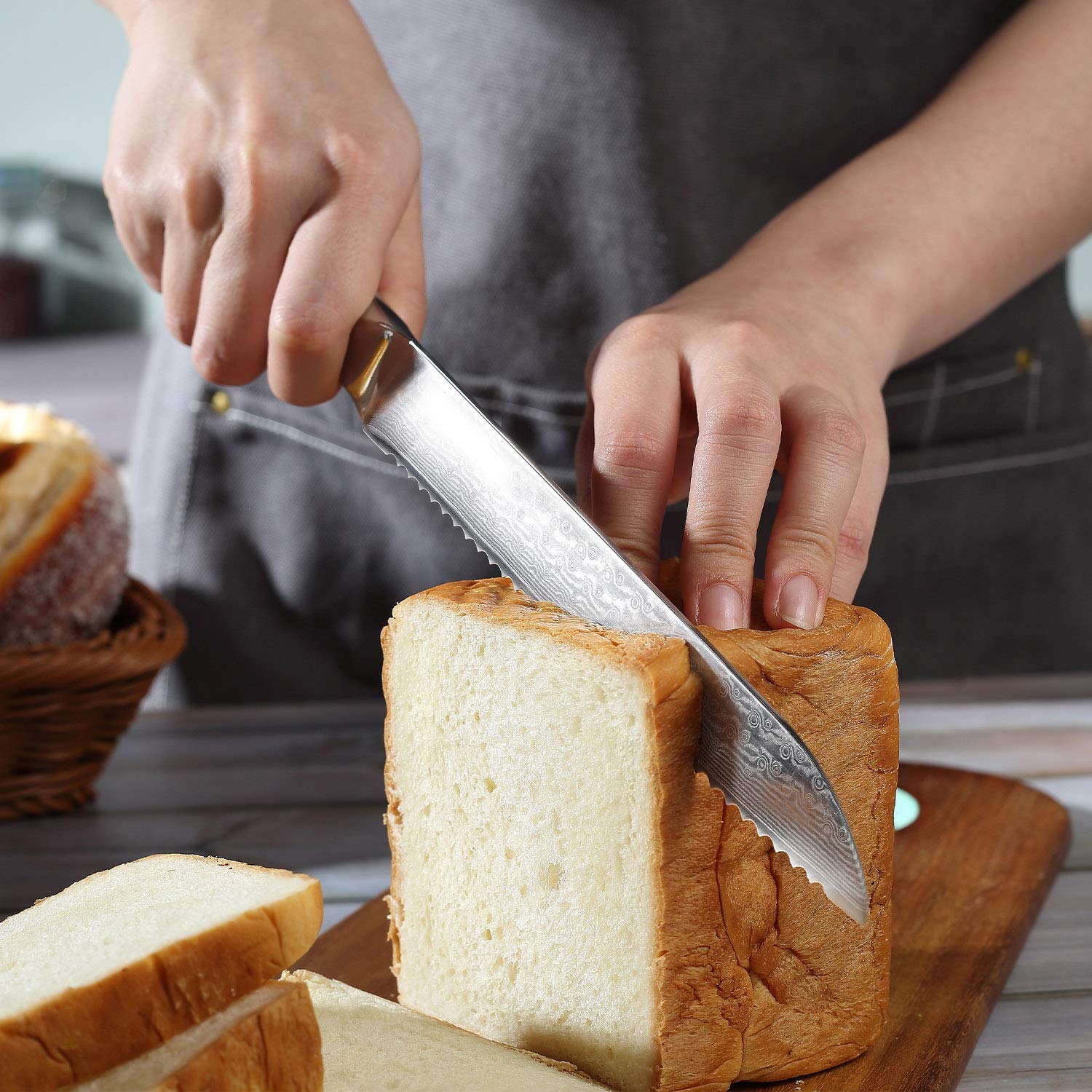 PAUDIN Bread Knife Serrated Damascus Bread Knife 8 inch,Super Sharp Edge and 67-Layer Forged Blade, Professional Bread Knife with Full Tang Ergonomic Micarta Handle, VG-10 Cake Knife for Toast
