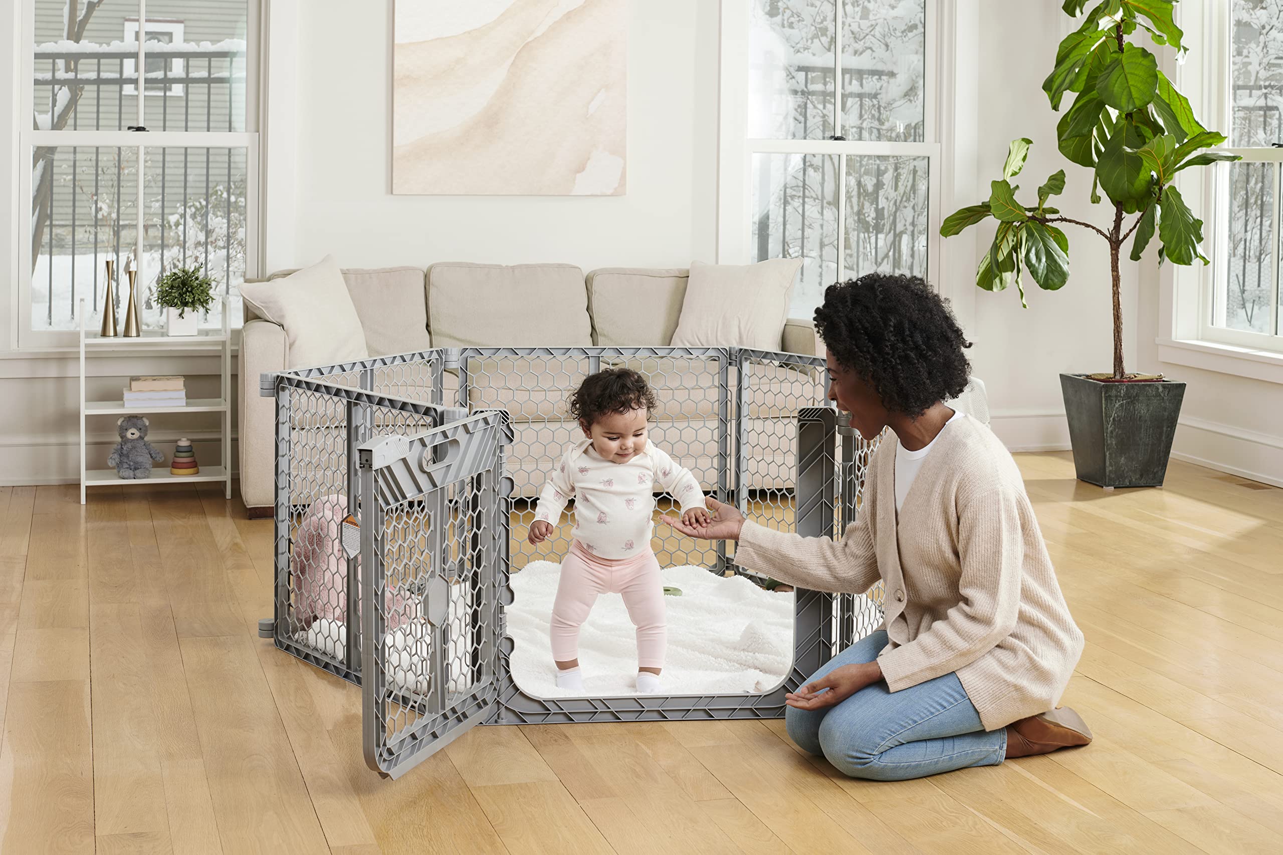 Regalo Plastic 192-Inch Super Wide Adjustable Baby Gate and Play Yard with Door, Award Winning Brand, 2-in-1, Bonus Kit, Includes 4 Pack of Wall Mounts, Gray