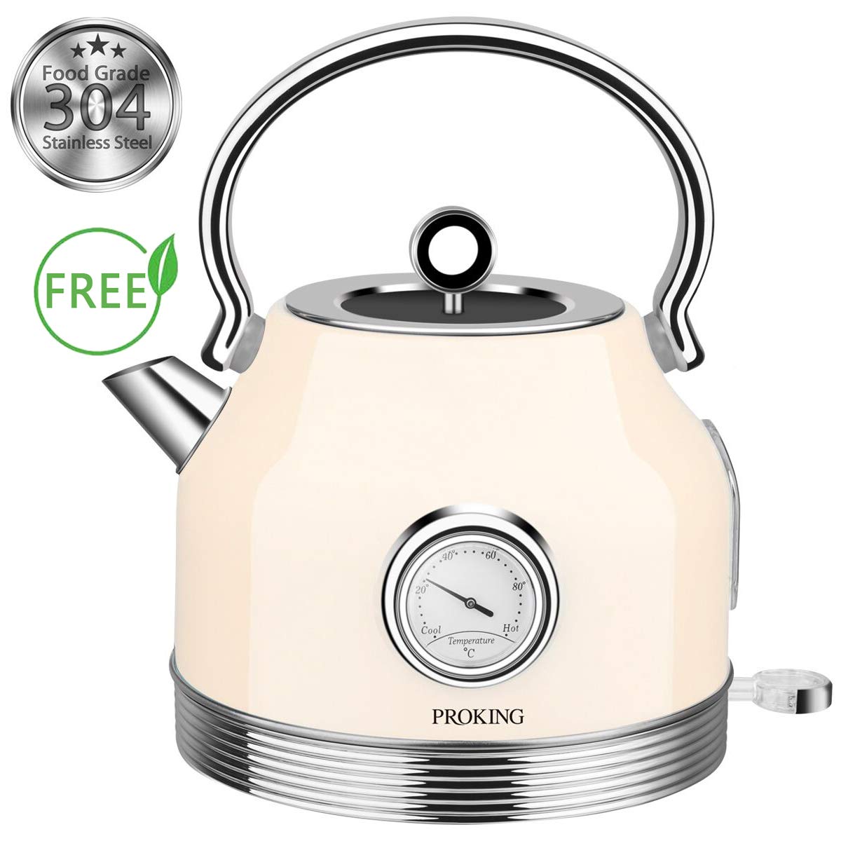 Retro Electric Kettle Stainless Steel 1.7L Tea Kettle, Hot Water Boiler with Thermometer&Led Light, Fast Boiling, Auto Shut-Off&Boil-Dry Protection (Beige)