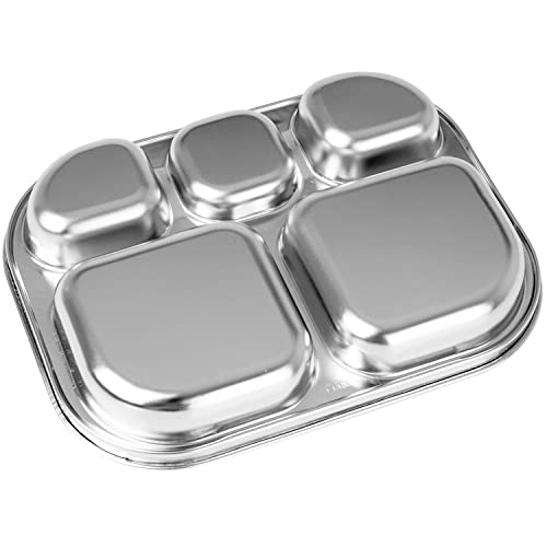 Stainless Steel Divided Plates Tray, 5 Section, Kids Toddlers Babies Small Size, Compact Serving Platter, Dinner Snack, Camping Dishes (2 Pack)